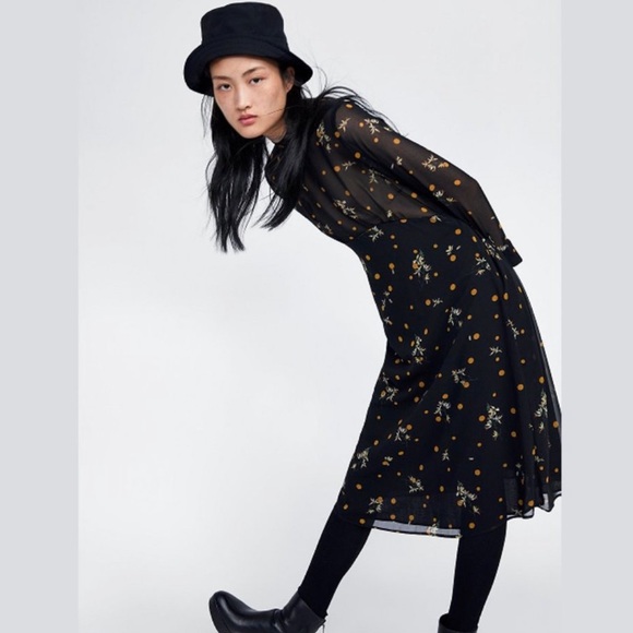 Zara | Dresses | Nwot Zara Black Pattern Midi Dress With High Neck Size ...